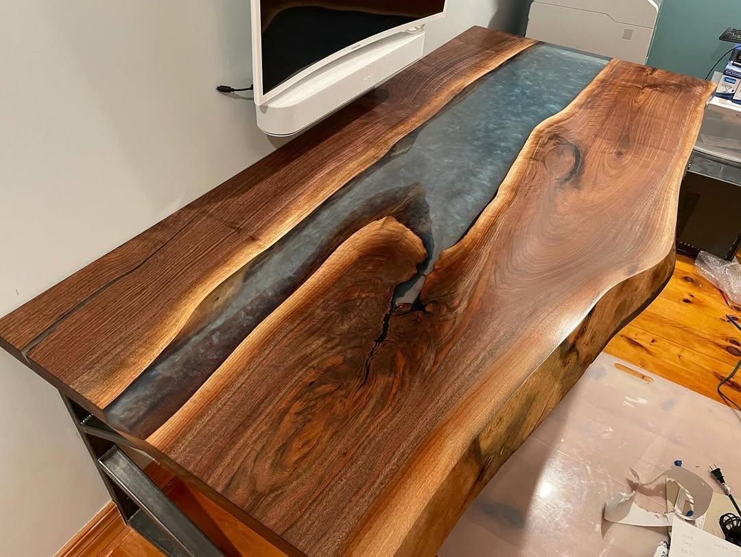Live Edge Walnut Epoxy River Desk – Handmade Acacia & Black Resin ...