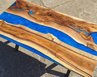 Handmade Blue Epoxy River Table: Live Edge Wood & Resin Tabletop - Etsy