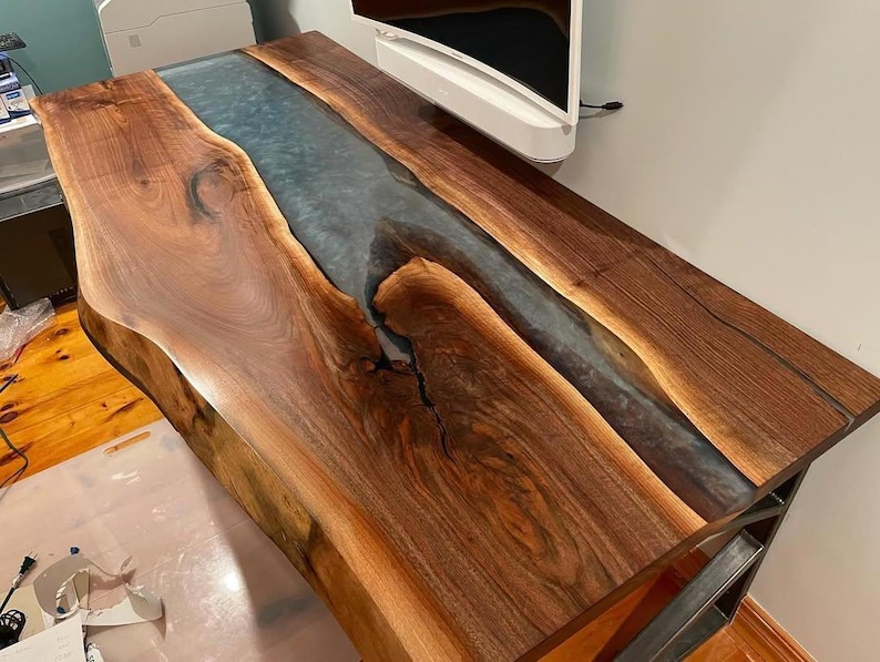 Live Edge Walnut Epoxy River Desk – Handmade Acacia & Black Resin ...