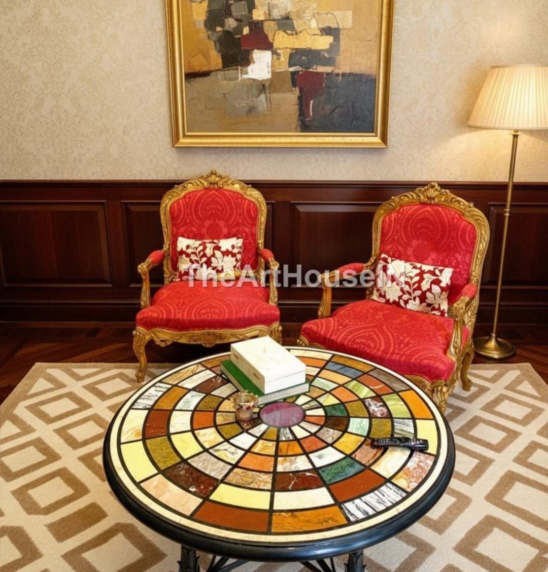 Rare Round Mosaic Marble Table Set Multicolor Stone Inlay Coffee Side ...