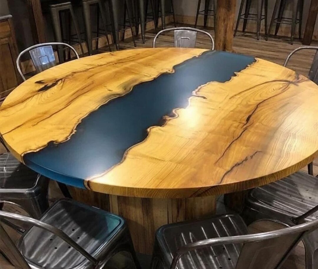Custom Round Live Edge Wood River Dining Table | Dark Blue Epoxy ...