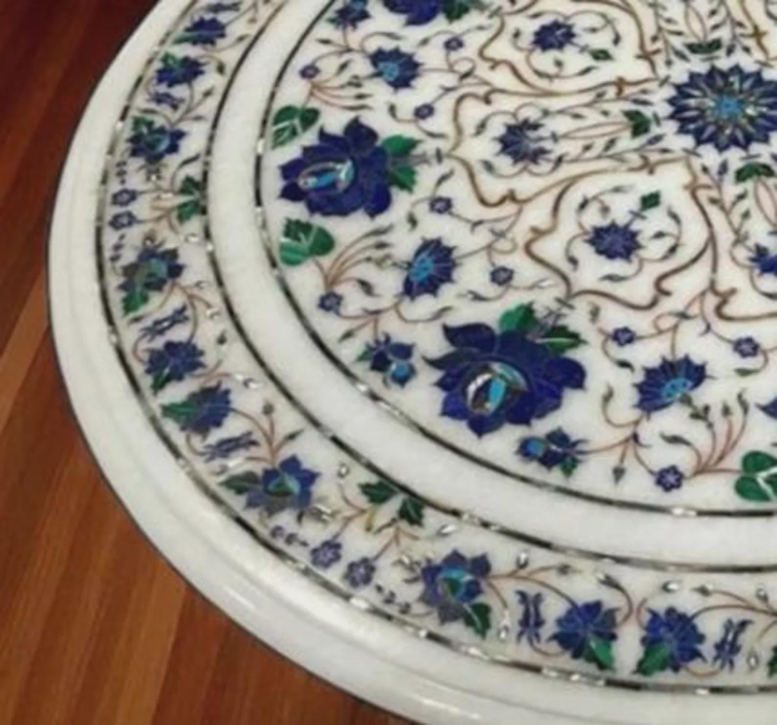 White Marble & Malachite Inlay Table | Floral Border Stone Tabletop ...