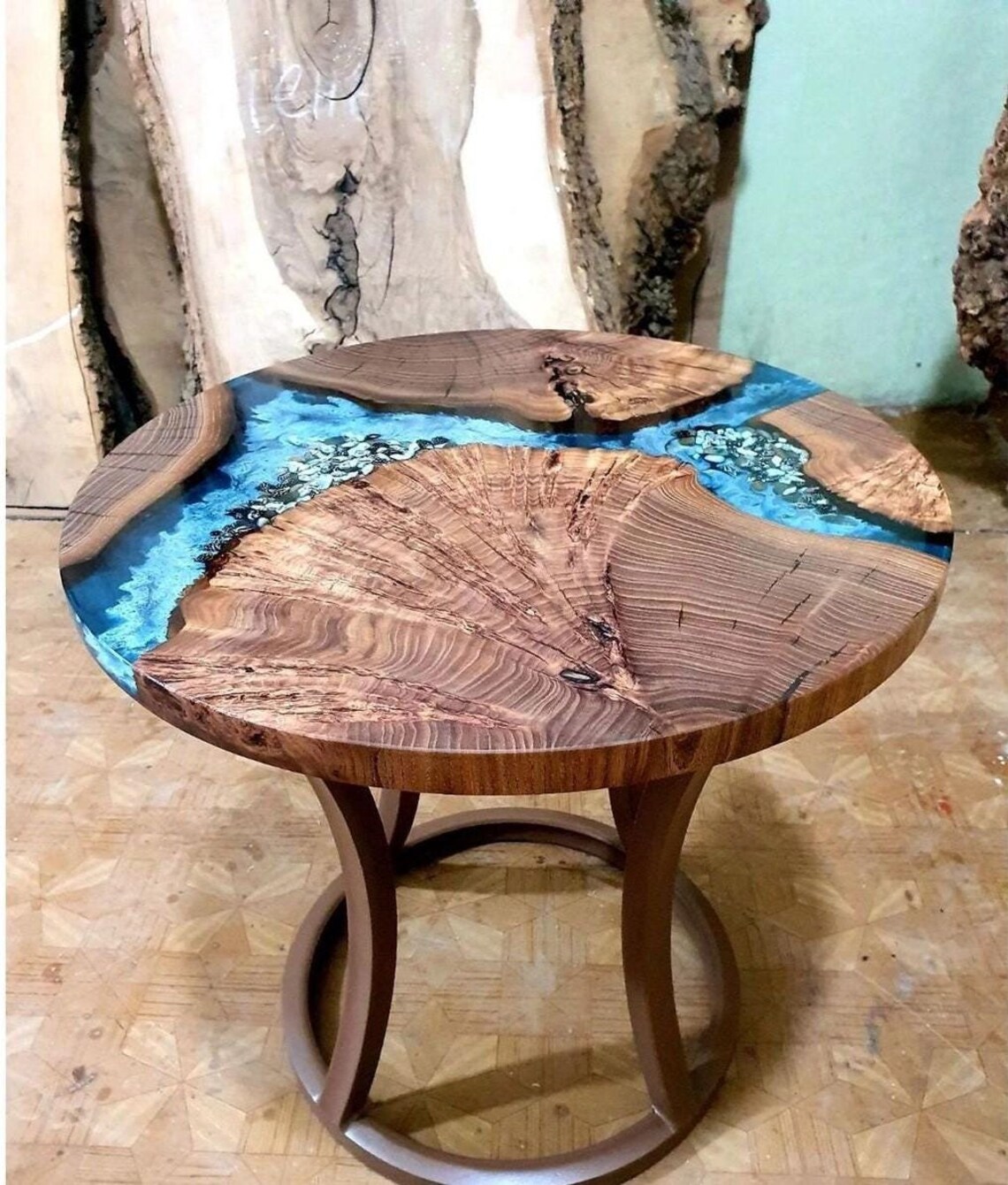 Round Wood Table With Resin, Round Epoxy Table, Ocean Decor Epoxy Table ...