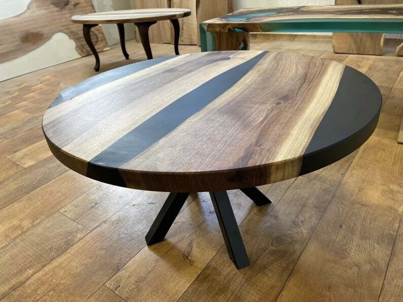Round Wood Table With Resin, Round Decor Epoxy Black Table, Round ...