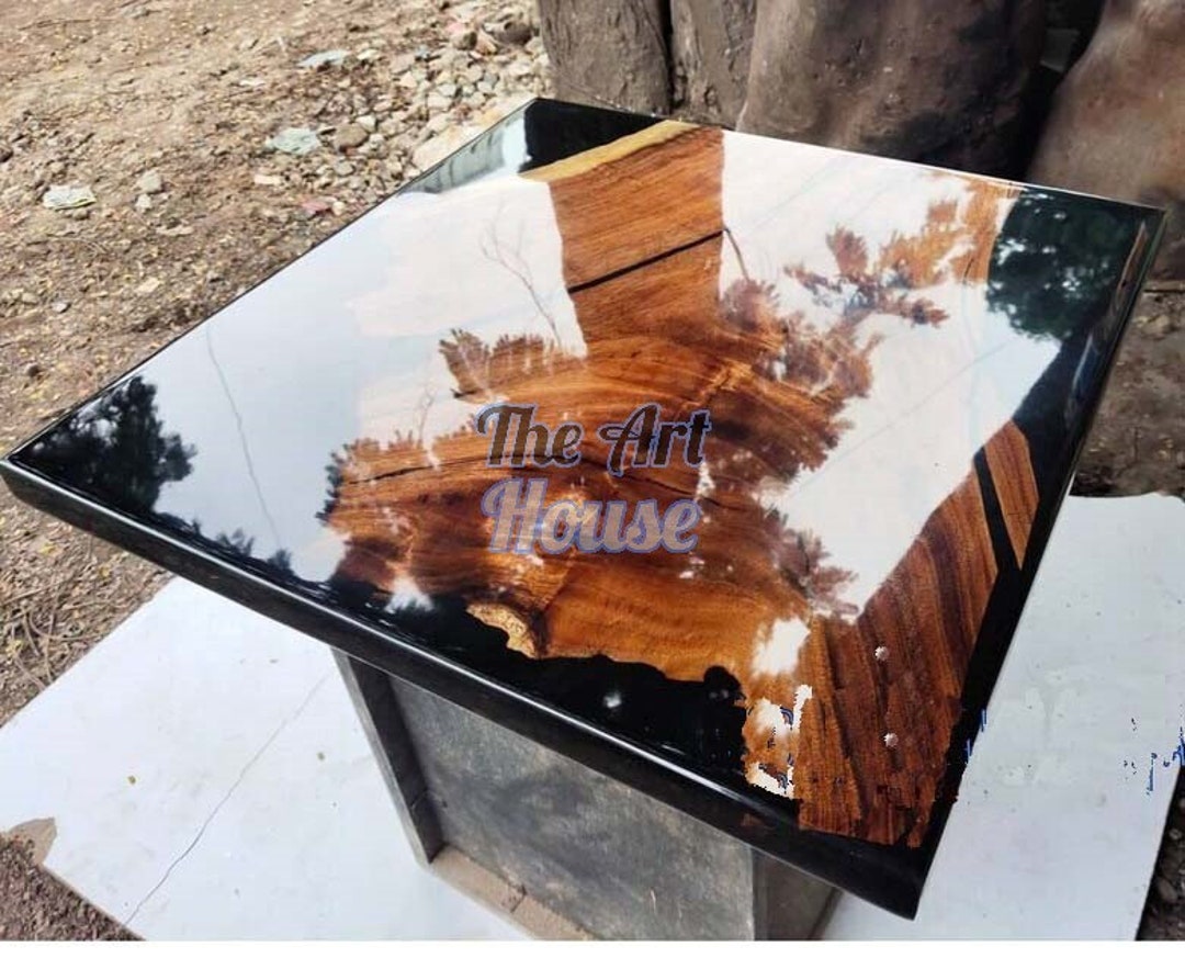 Square Wood Table With Resin, Round Epoxy Table, Black Decor Epoxy ...