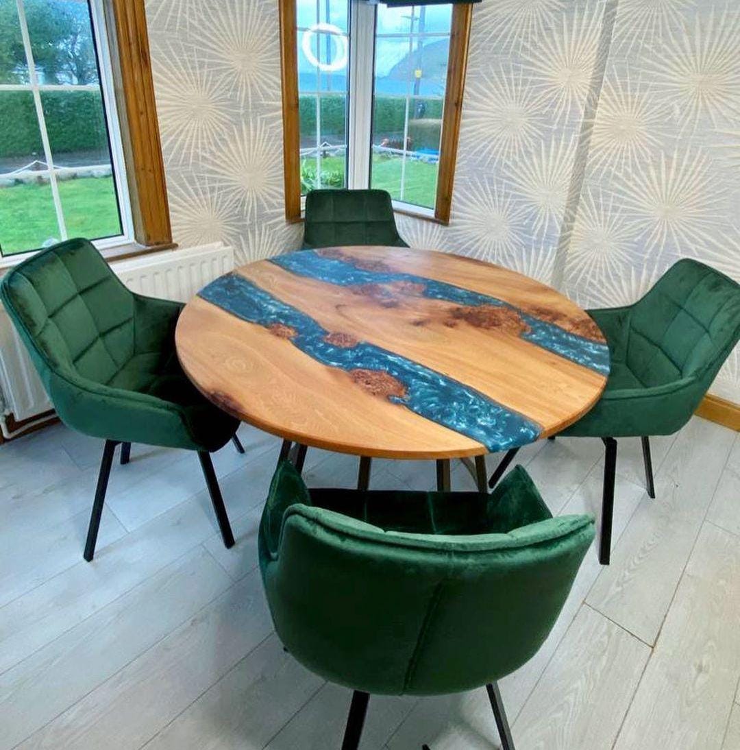 Round Wood Table With Resin, Round Epoxy Table, Blue Decor Epoxy Table ...