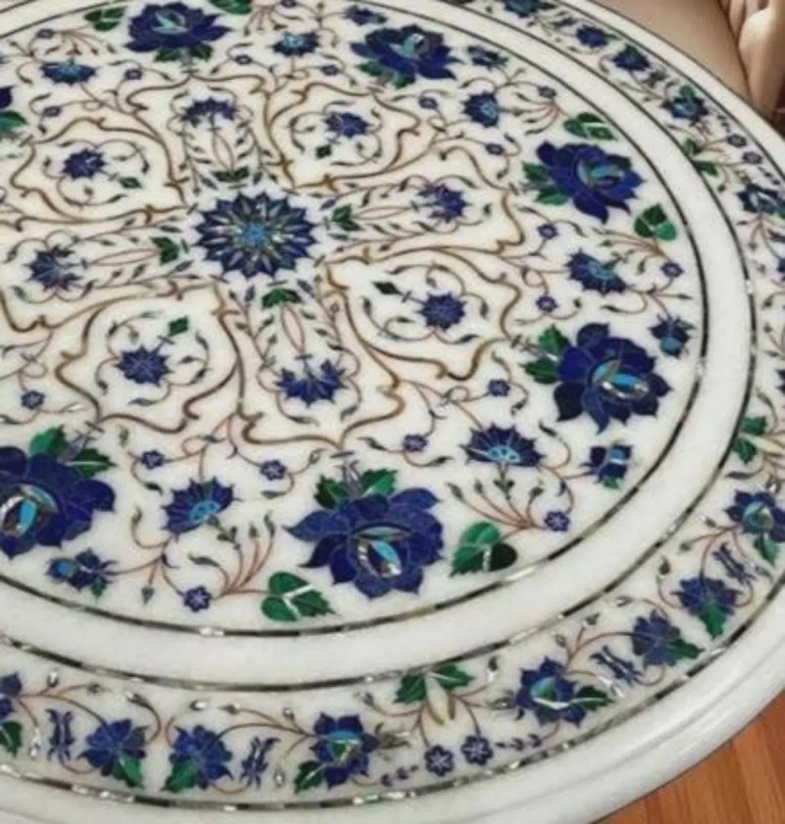 White Marble & Malachite Inlay Table | Floral Border Stone Tabletop ...
