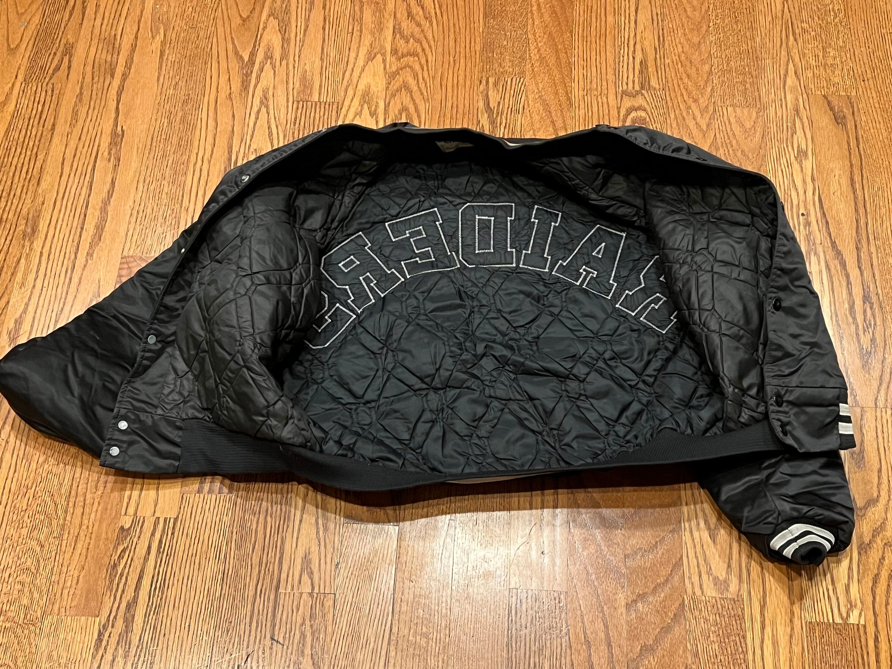 Vintage Oakland Los Angeles Raiders Satin Bomber CHALK LINE Spell Out ...