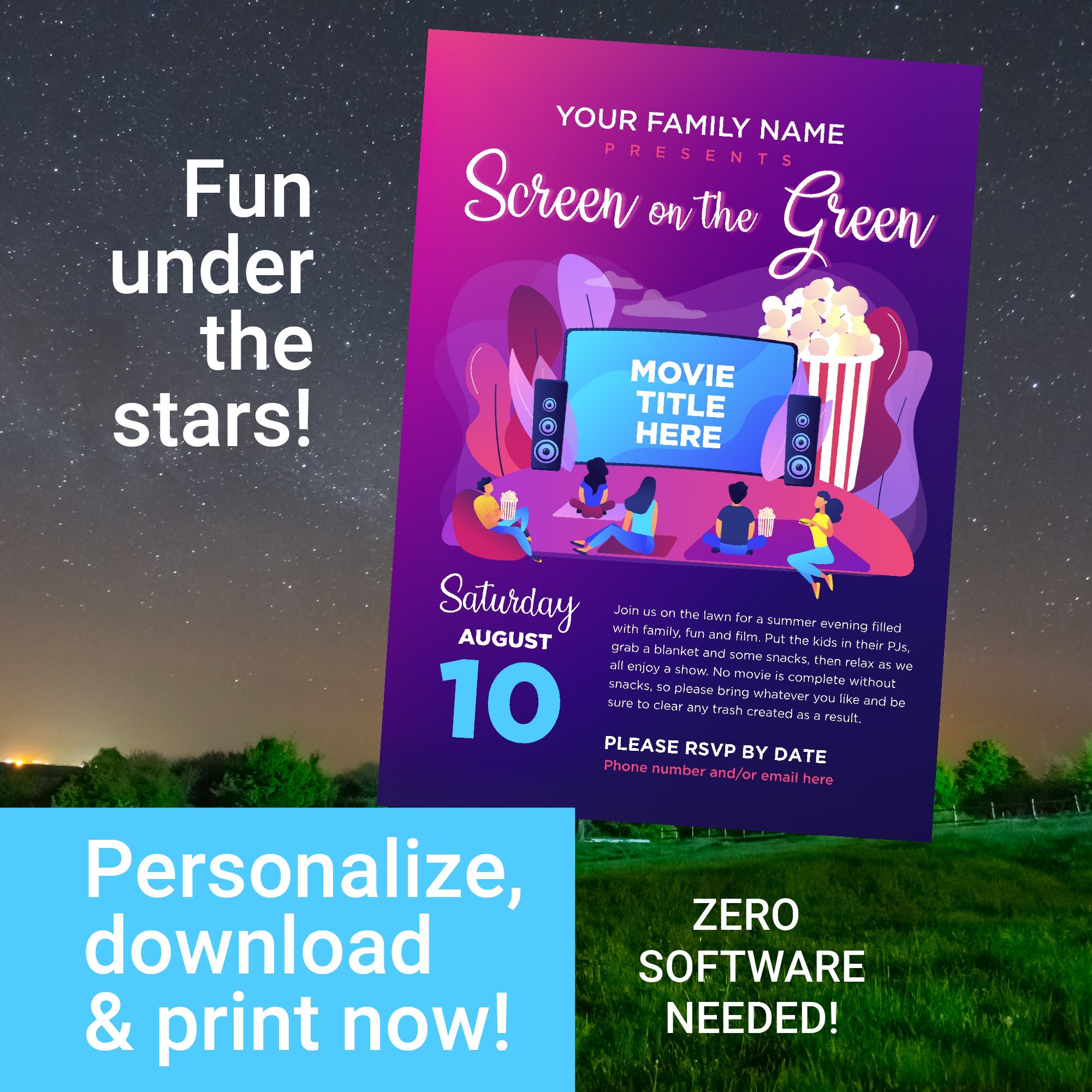 Movie Invite! Screen on the Green! Edit, Download and Print NOW! - Etsy