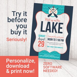 Personalized Lake Party Invitation - Edit, Download and Print NOW! - Etsy