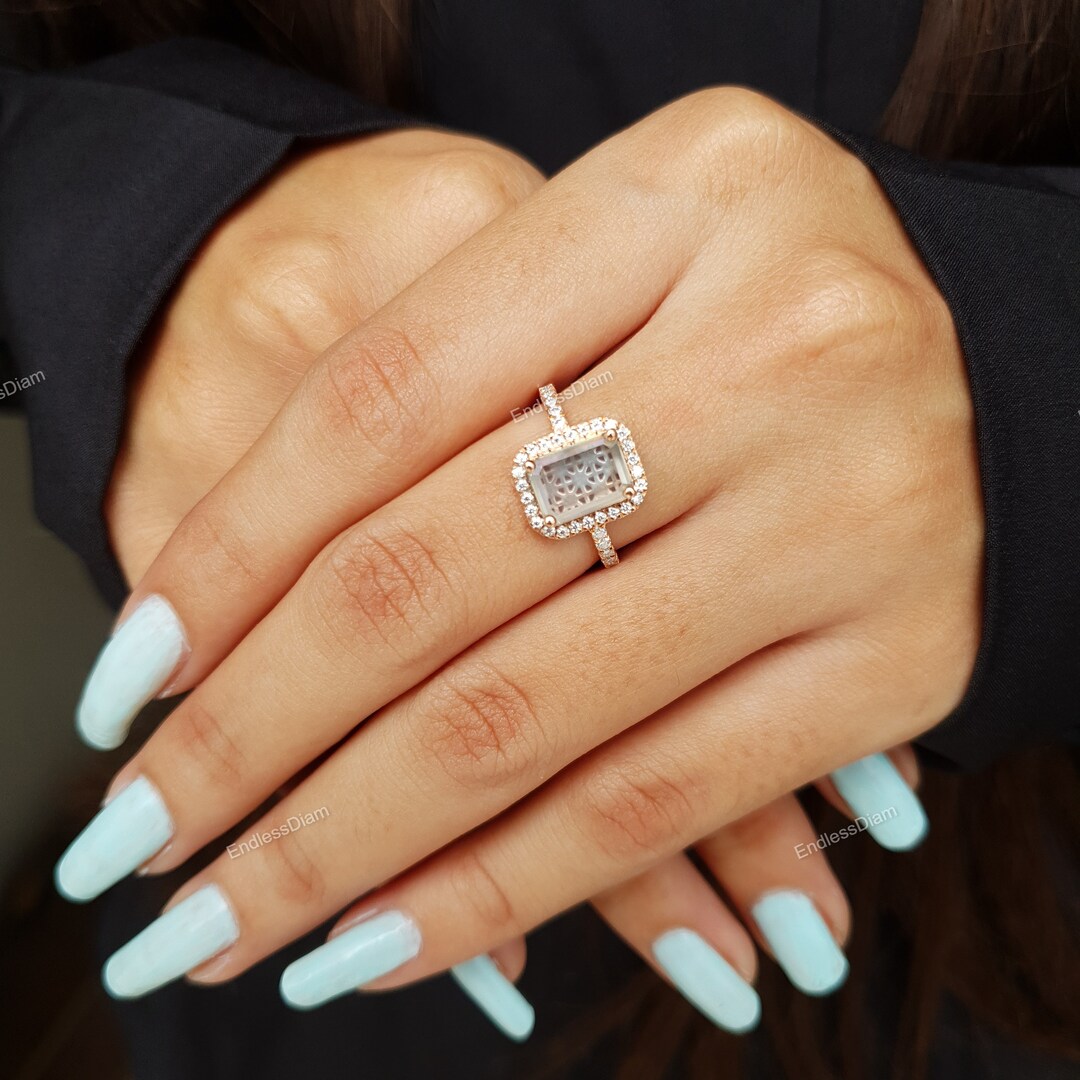 Antique Emerald Portrait Cut Modern Moissanite Ring, Vintage Halo ...