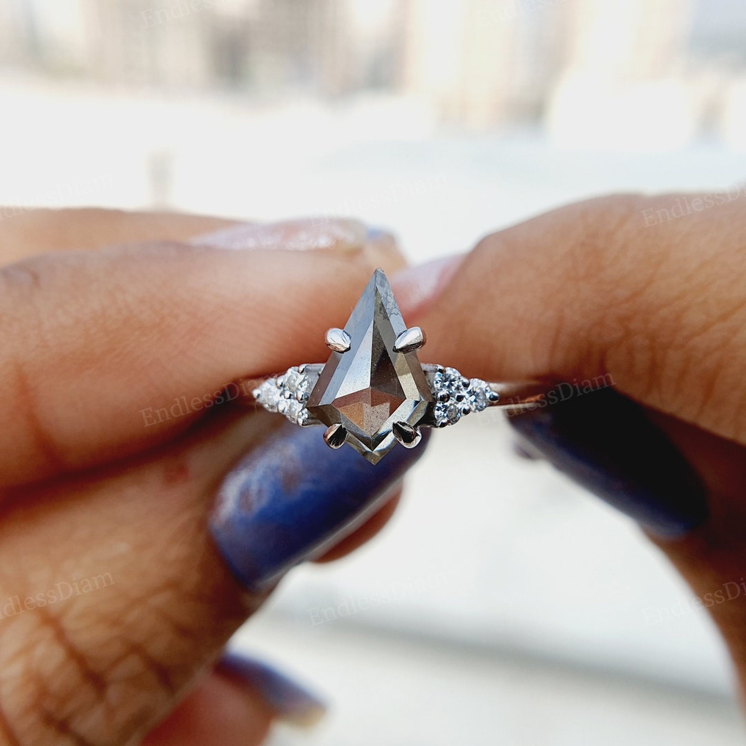 Classic Kite Cut Salt and Pepper Cluster Diamond Engagement Ring Unique ...