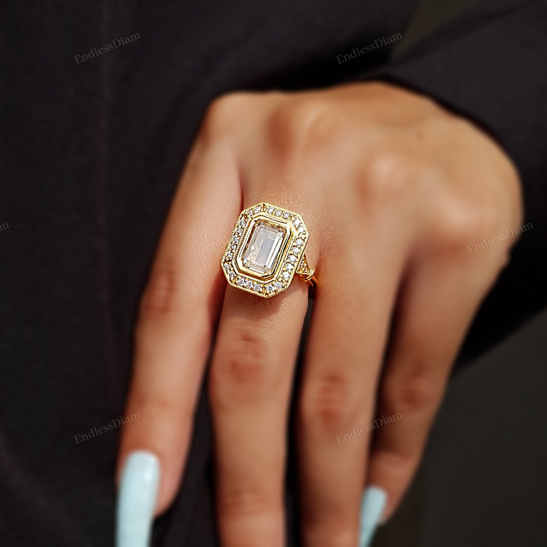 Unique Halo Emerald Portrait Cut Moissanite Ring, Antique Art Deco ...