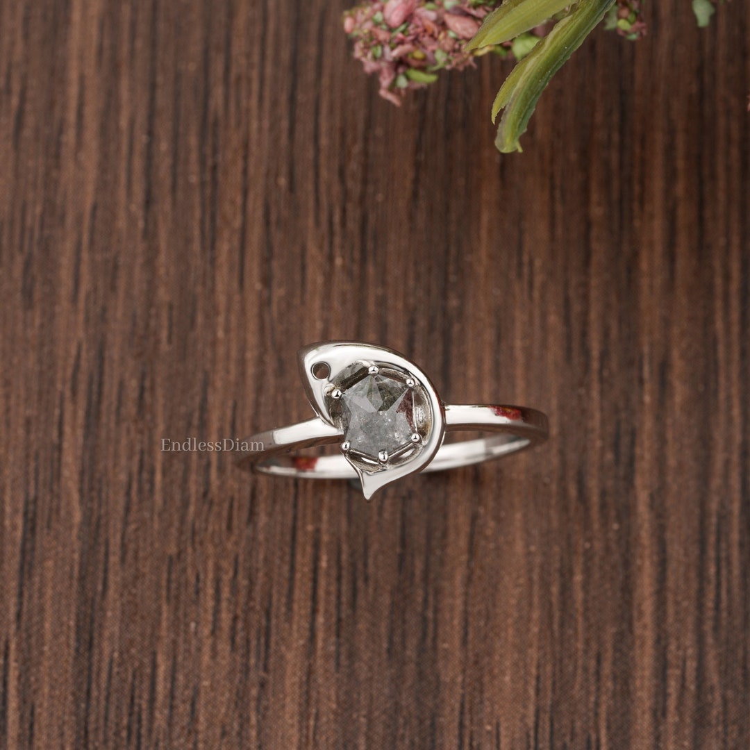 Salt and Pepper Diamond Engagement Ring, Elongated Hexagon Cut Wedding ...