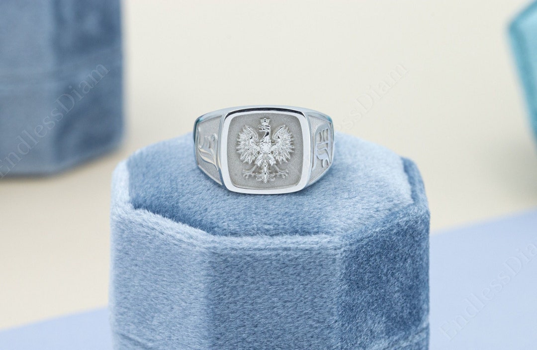 Polish Eagle Signet Ring With Flat Top Insignia, Antiqued Sterling ...