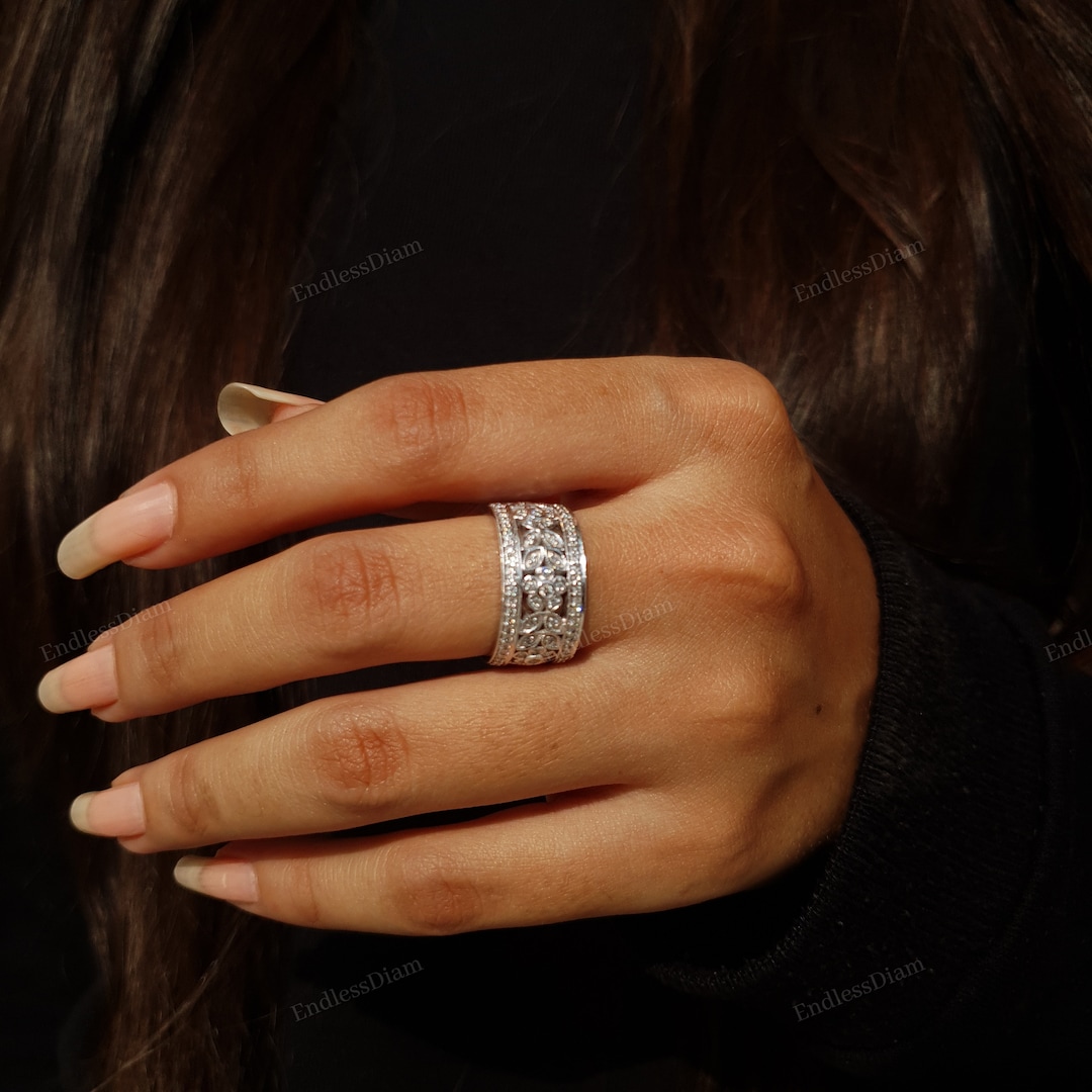 Vintage Gold Wide Wedding Bands Women, Unique Art Deco Milgrain Band ...