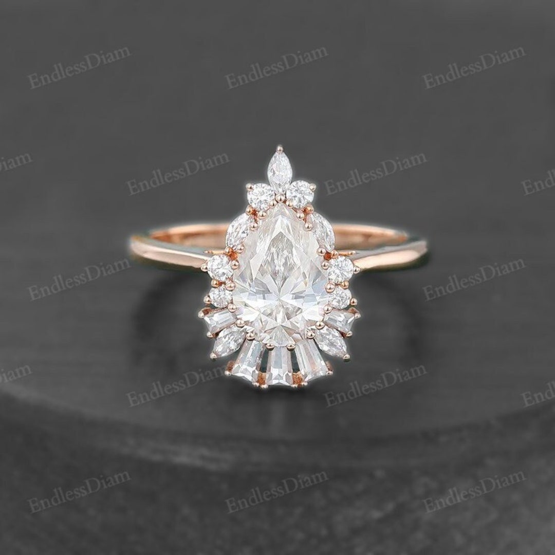Antique Vintage Sunburst Pear Cut Moissanite Ring, Starburst Halo ...