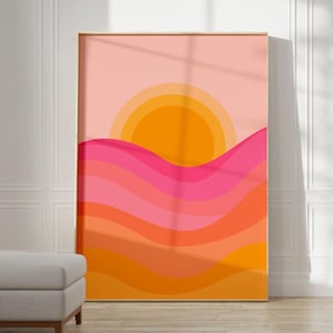 Sunset Wall Art, Boho Desert Minimalist Home Decor, Bright Pink ...