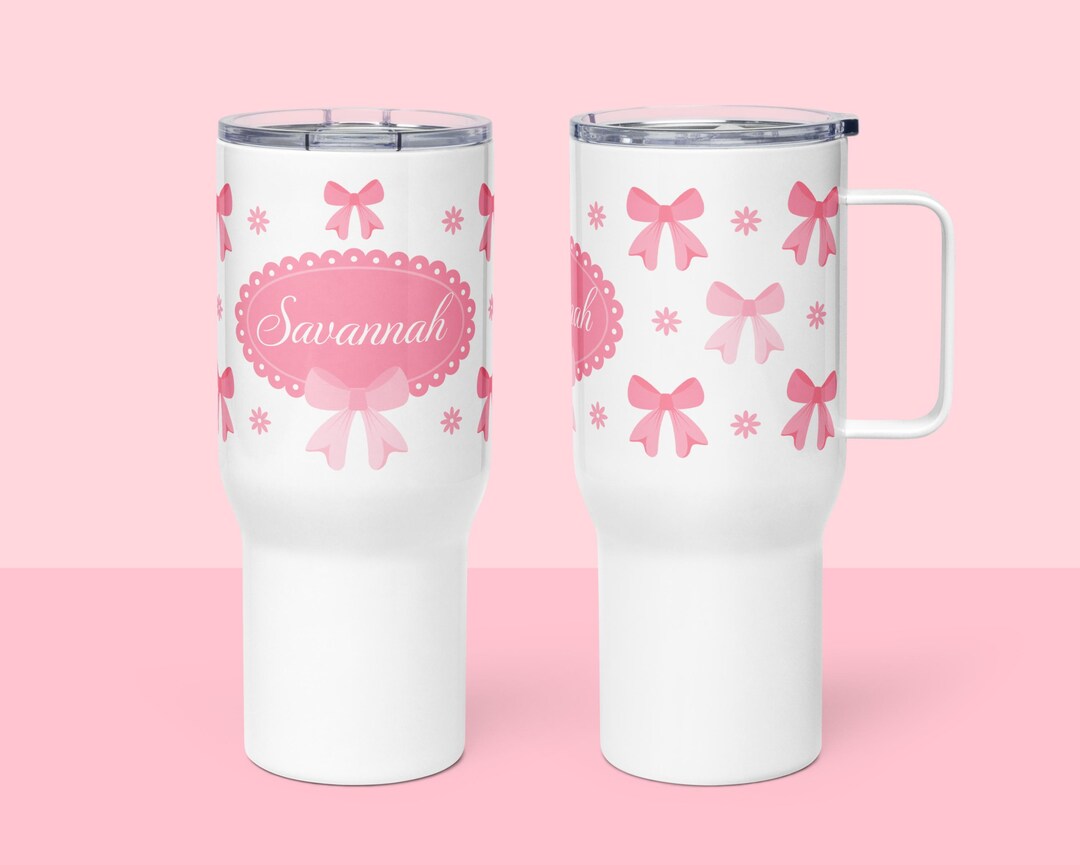 Personalized Tumbler With Pink Bows & Flowers, Custom Name Travel Mug ...