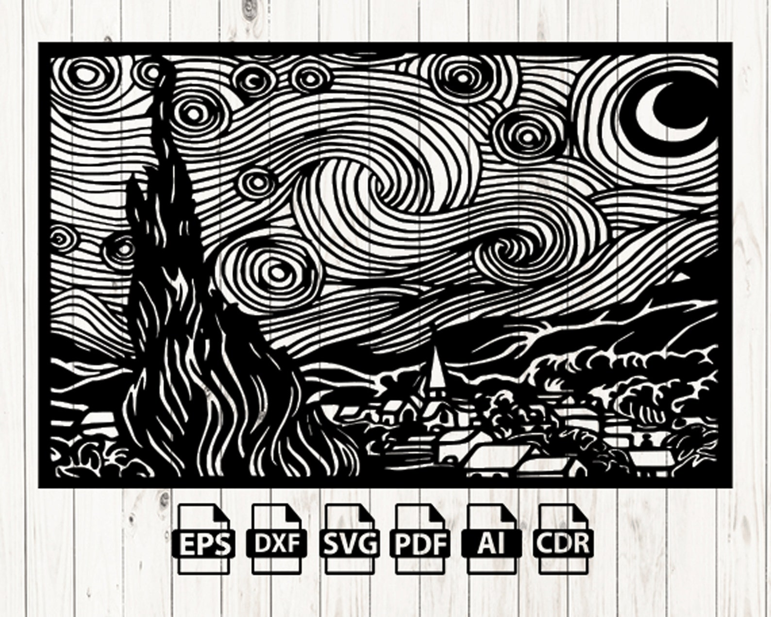 Starry Night, Van Gogh Digital Vector Download Laser Cnc Cut Svg Dxf ...