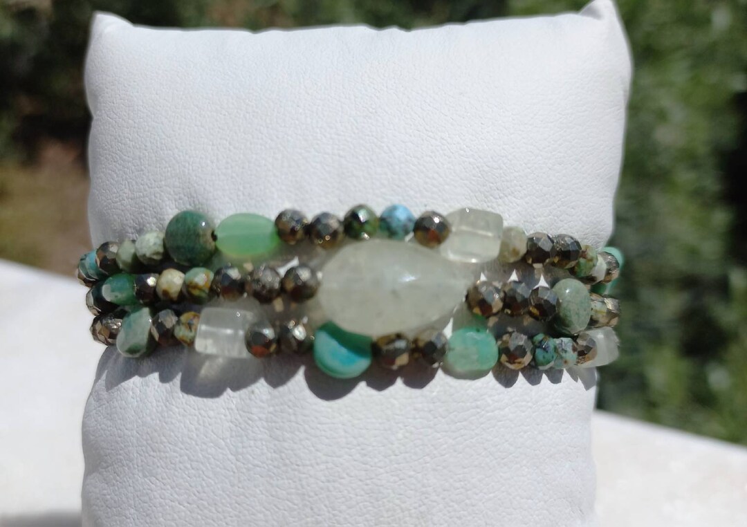 3-row Bracelet With Multiple Stones: Green, Golden Pyrite, Prehnite ...