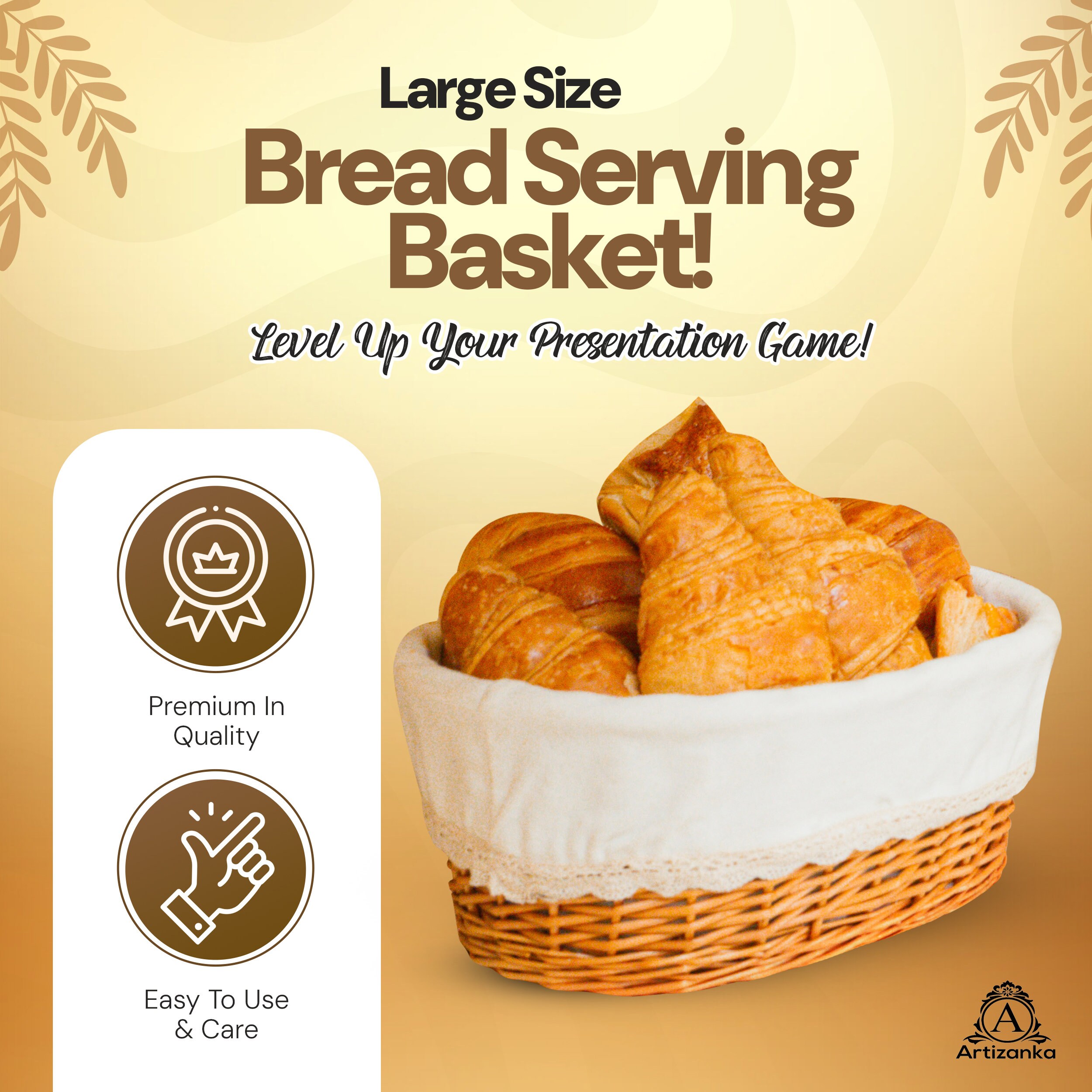Large Bread Basket for Serving Set - 12x9” Wicker Basket With Removable ...