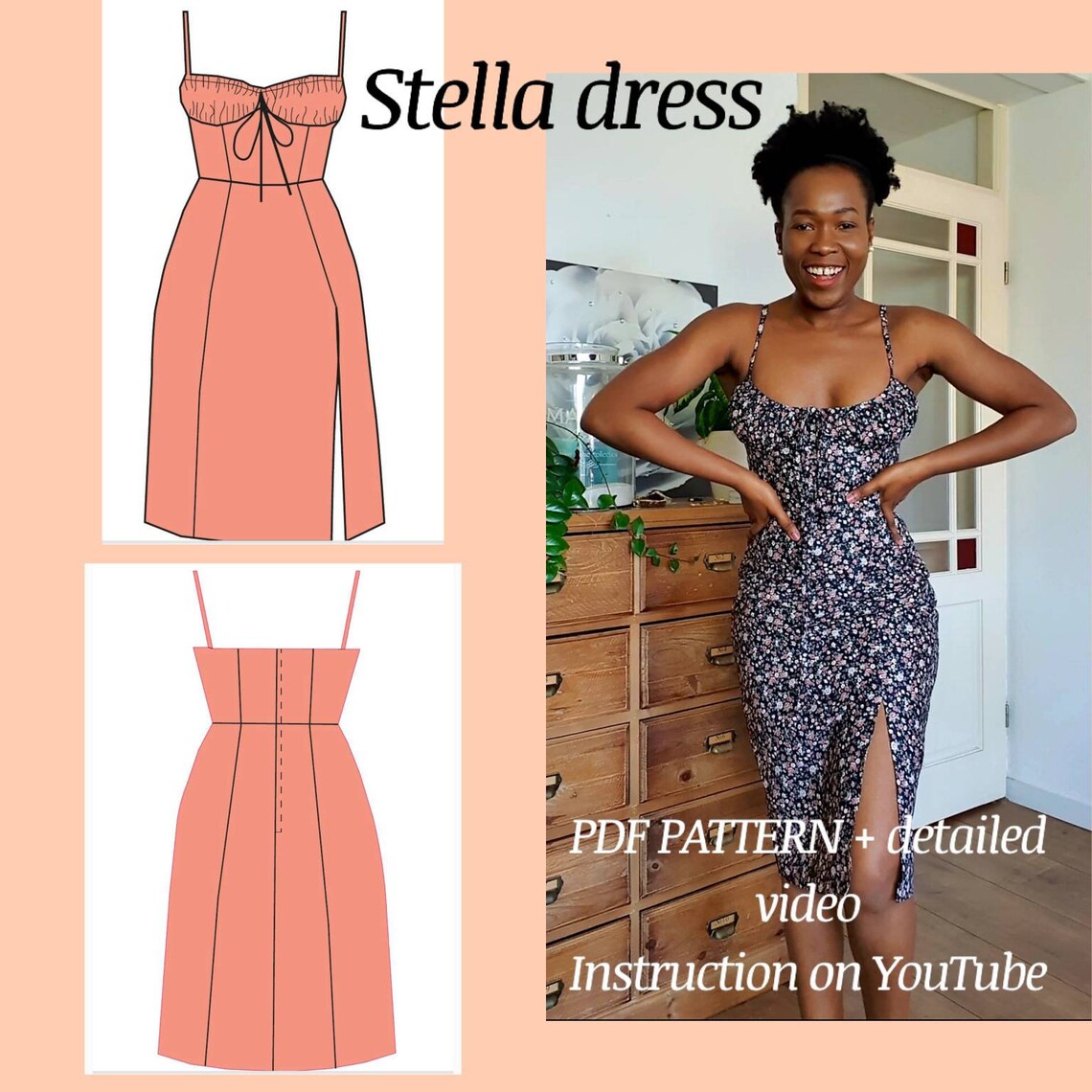 Rushed Bust Dress With Drawstring and Front Slit . EU SIZE 34-48 ...