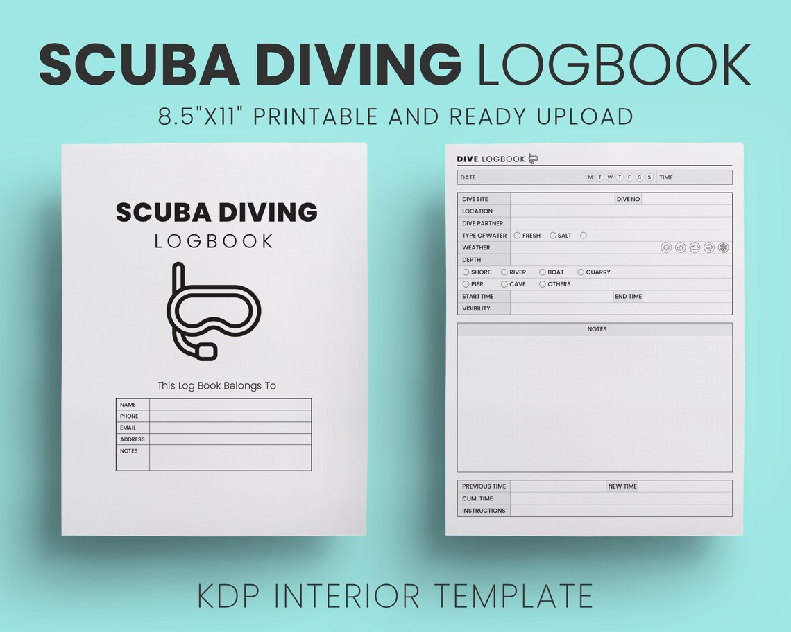 Scuba Diving Logbook KDP Interior Template 8.5x11 and A6 Inches 120 ...