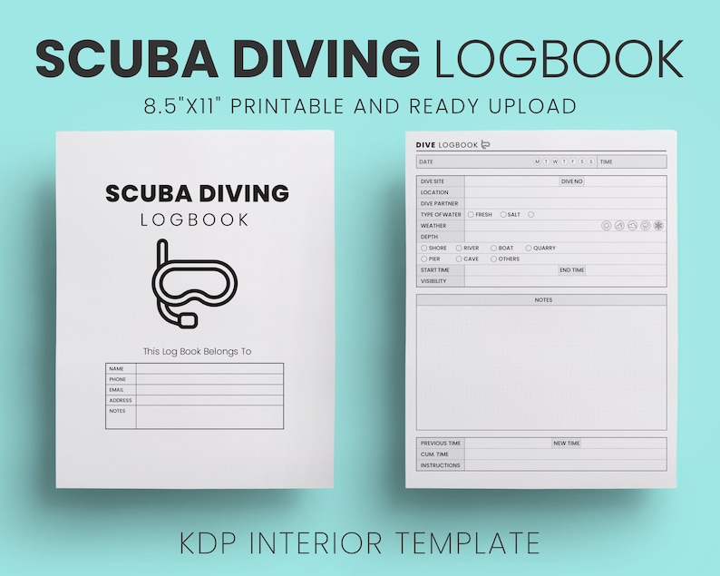 Scuba Diving Logbook KDP Interior Template 8.5x11 and A6 Inches 120 ...