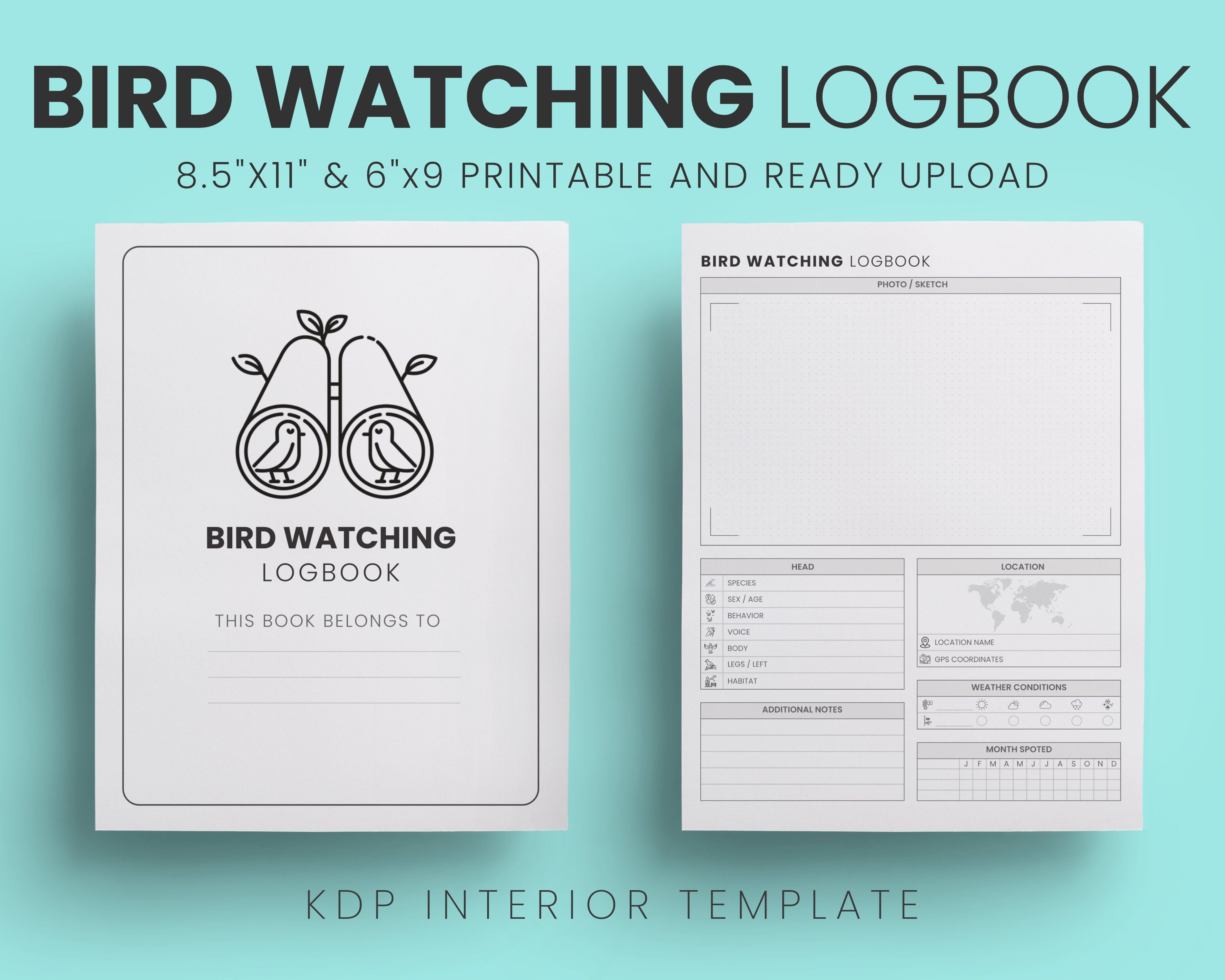 Bird Watching Logbook | KDP Interior | 8.5x11 Inches (with Bleed ...