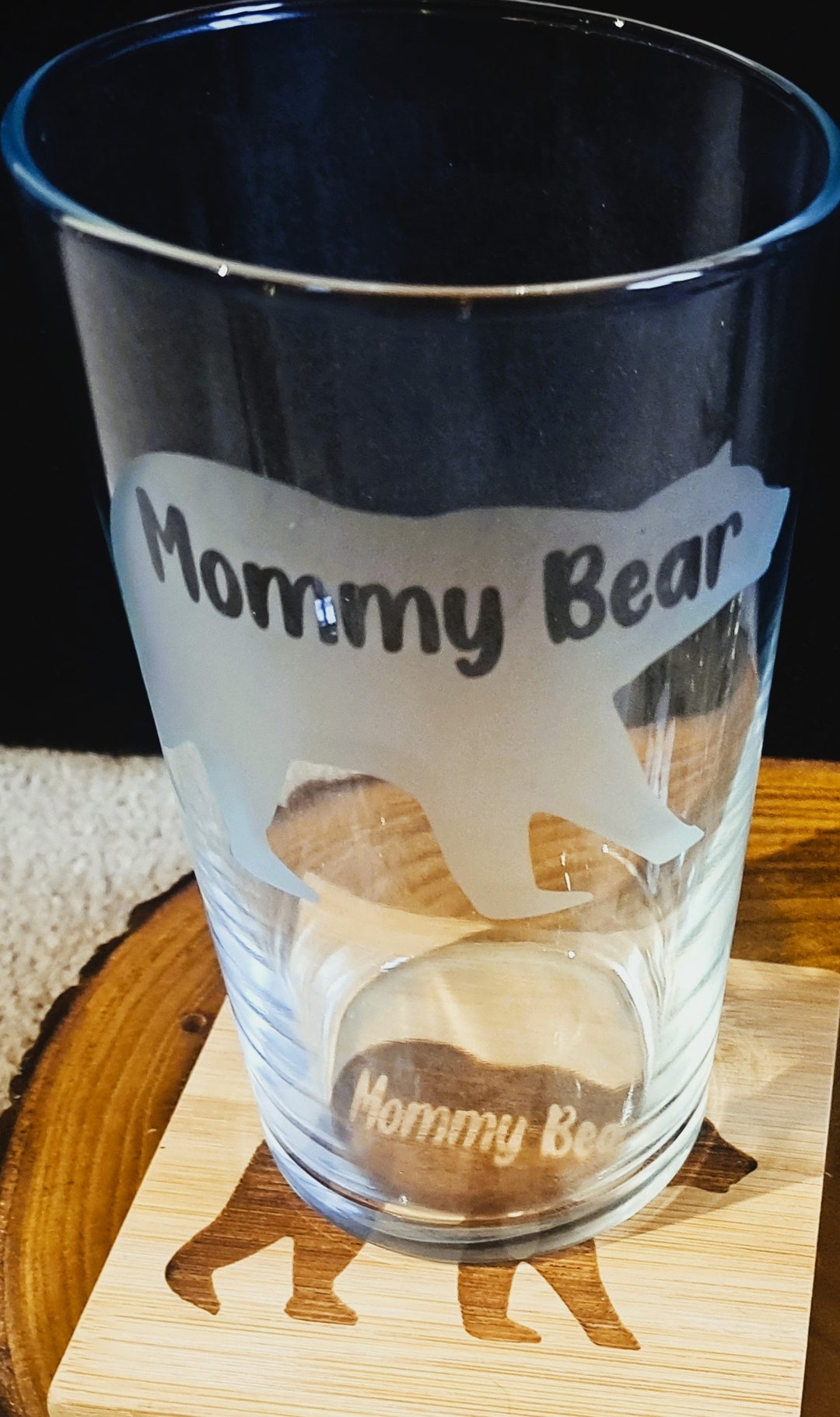 Etched Beer Pint Glass- Mummy Bear Beer Pint Glass and Wooden Bear ...