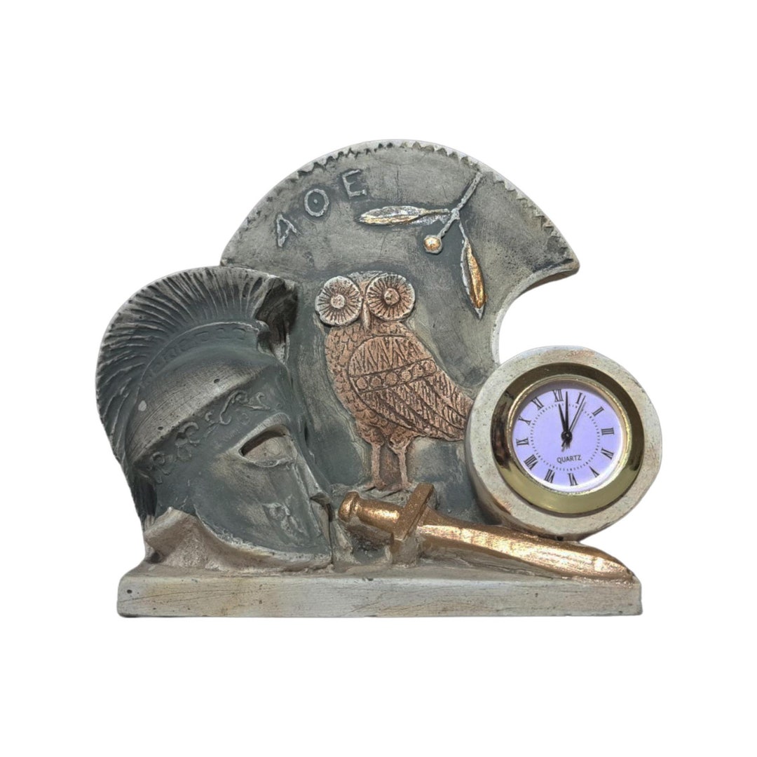 Athena Owl Shield and Helmet Table Clock Sculpture Greco-roman Statue ...
