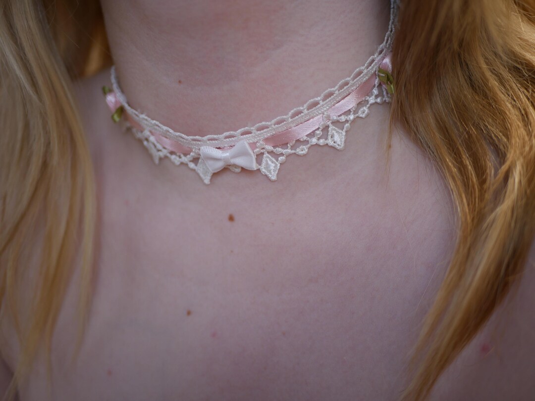 Dainty Kawaii Lolita Frilly Lace White Bow Pink Rose Choker Necklace - Etsy