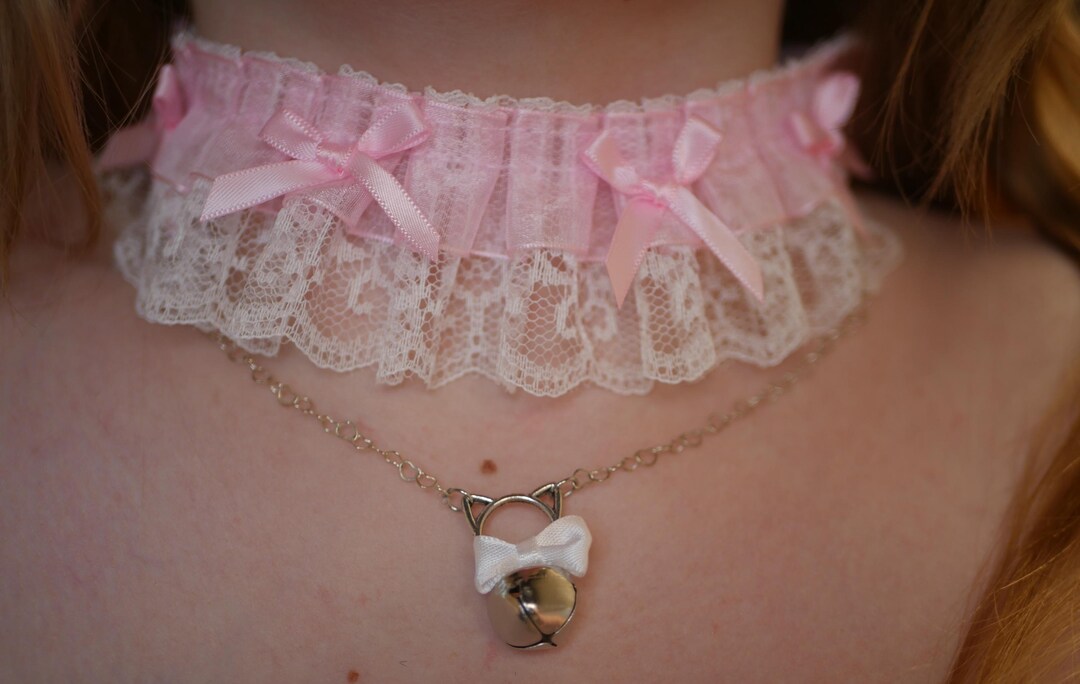 Kawaii Kitten Lolita Frilly Lace Pink Bow Kitty Chain Choker Necklace ...
