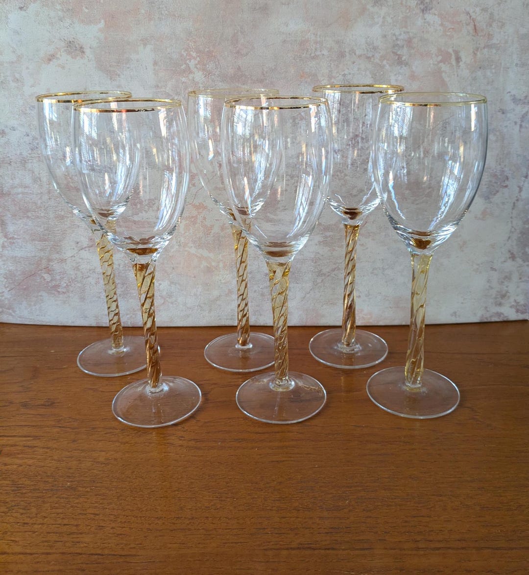 Vintage Twisted Stem Tall Wine Glasses, Gold Rim Glass, Amber Gold Stem ...