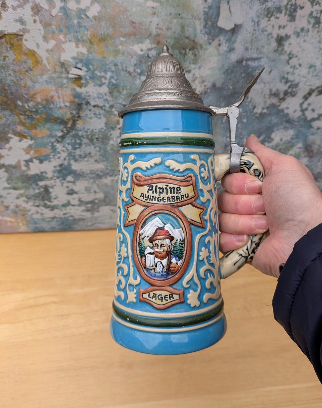 Rare Ceramic Lidded Stein Tanker Blue Stein Vintage Tankard Western ...