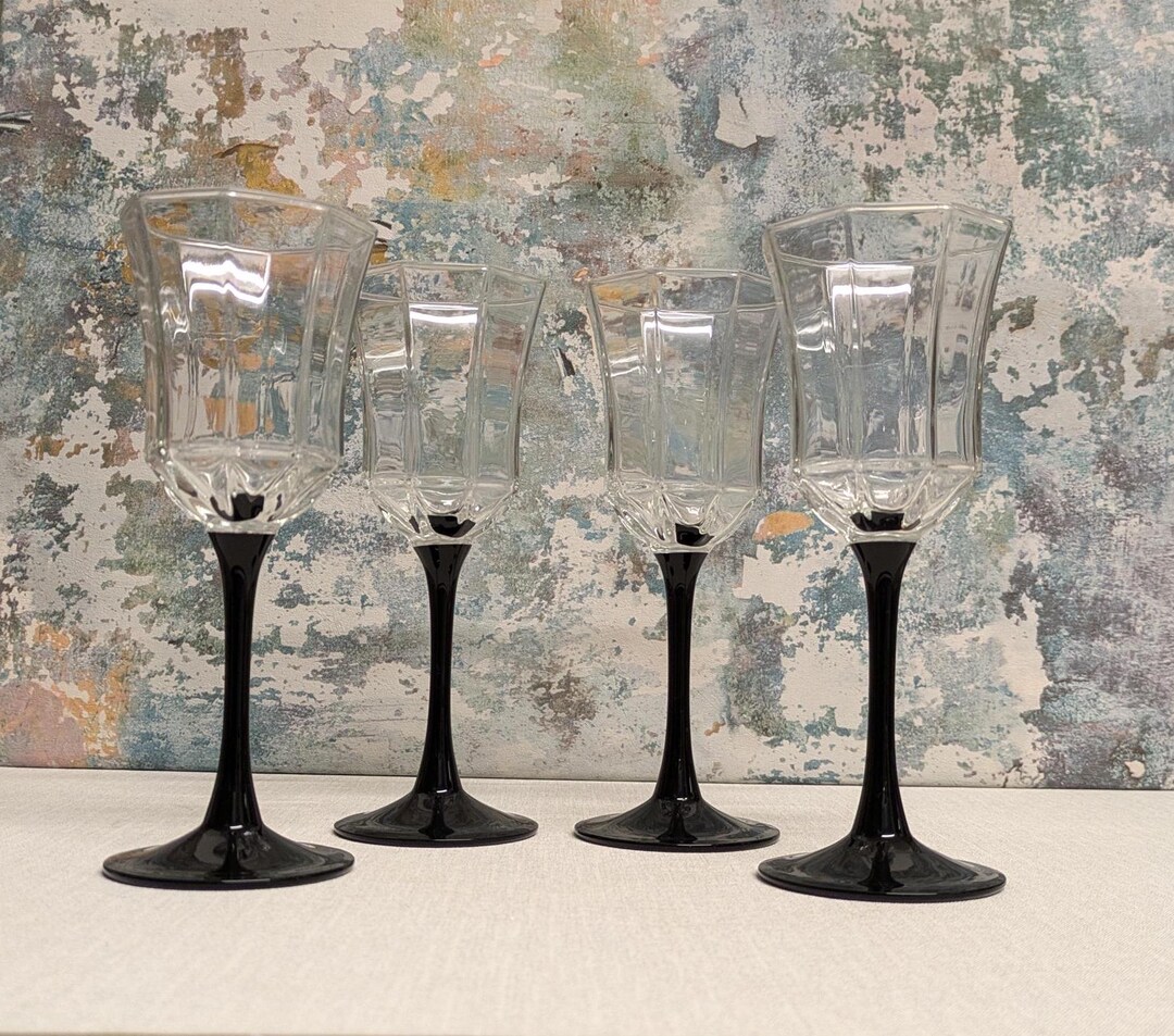 Black Stem Wine Glasses Octagonal Shape Bowl Vintage Set of 4 - Etsy