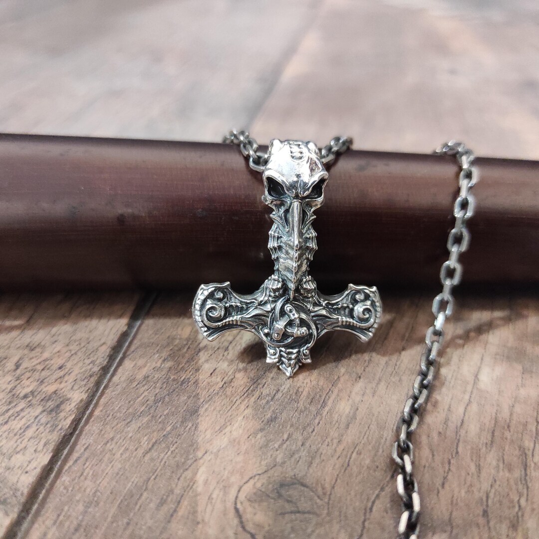 Thor's Hammer Pendant, Mjolnir Skull Necklace, Viking Pendant, Viking ...