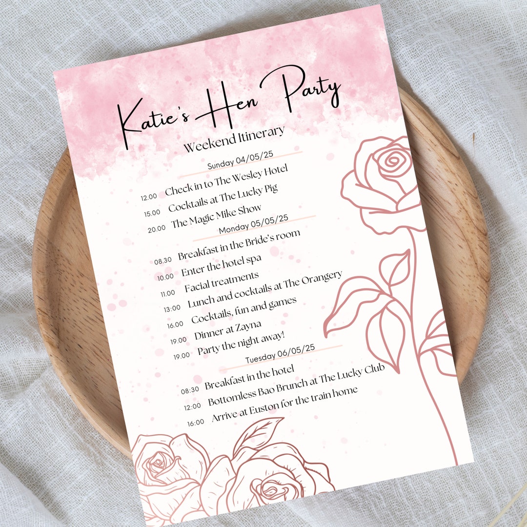 Canva Editable Hen Party Packing List & Itinerary Pink Roses - Etsy