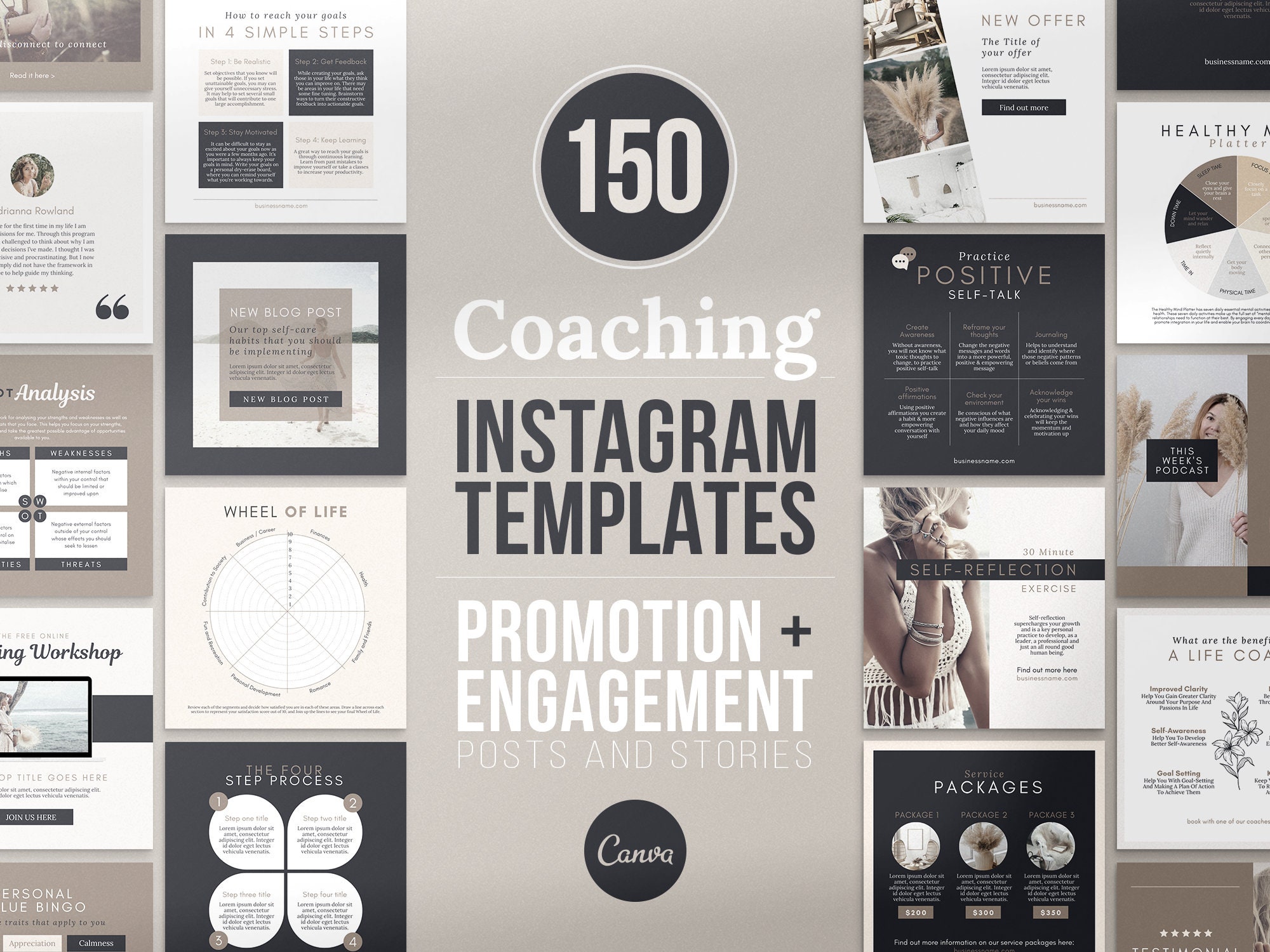 150 Coaching Instagram Post Templates for Canva Life Coach Instagram ...