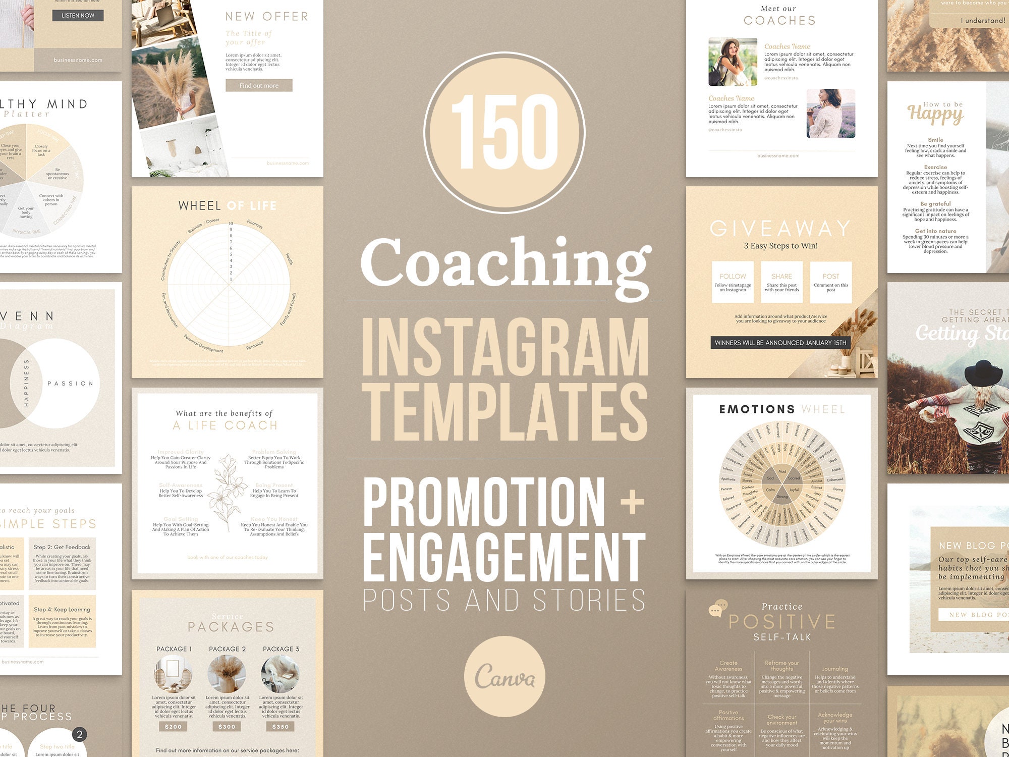 150 Coaching Instagram Post Templates for Canva Life Coach Instagram ...