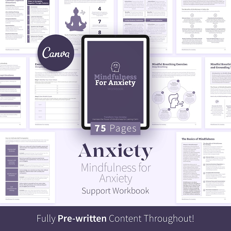 Mindfulness for Anxiety Workbook, Editable Canva Coaching Tools and ...