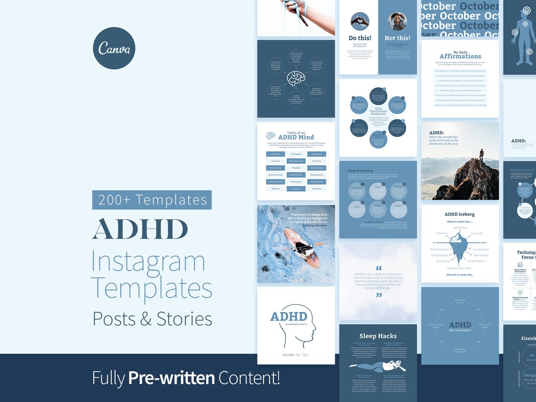 200 ADHD Instagram Canva Templates, Mental Health Coaching ...