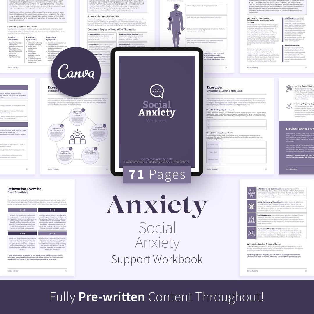 Social Anxiety Workbook, Therapy Tools, Canva Template (digital ...