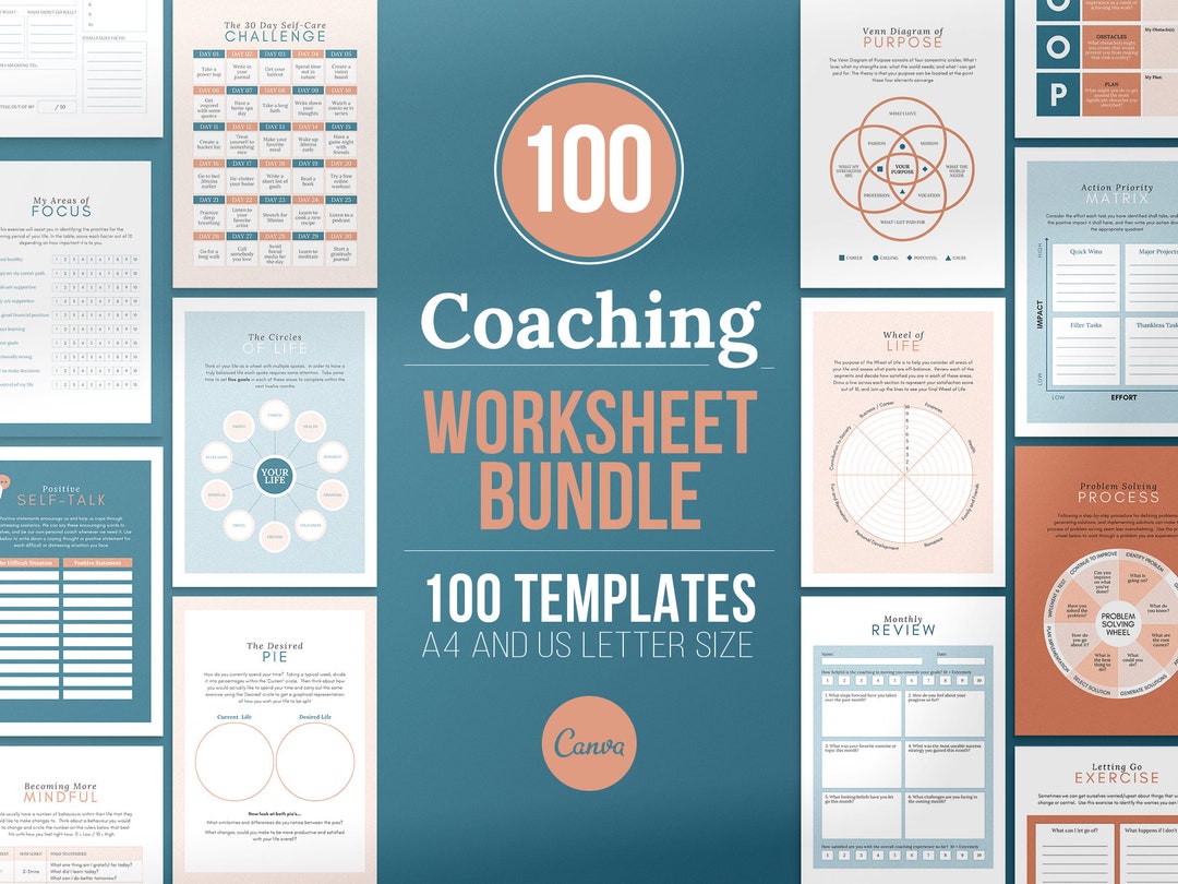 100 Coaching Worksheets for Canva Life Coaching Tools Life Coaching ...