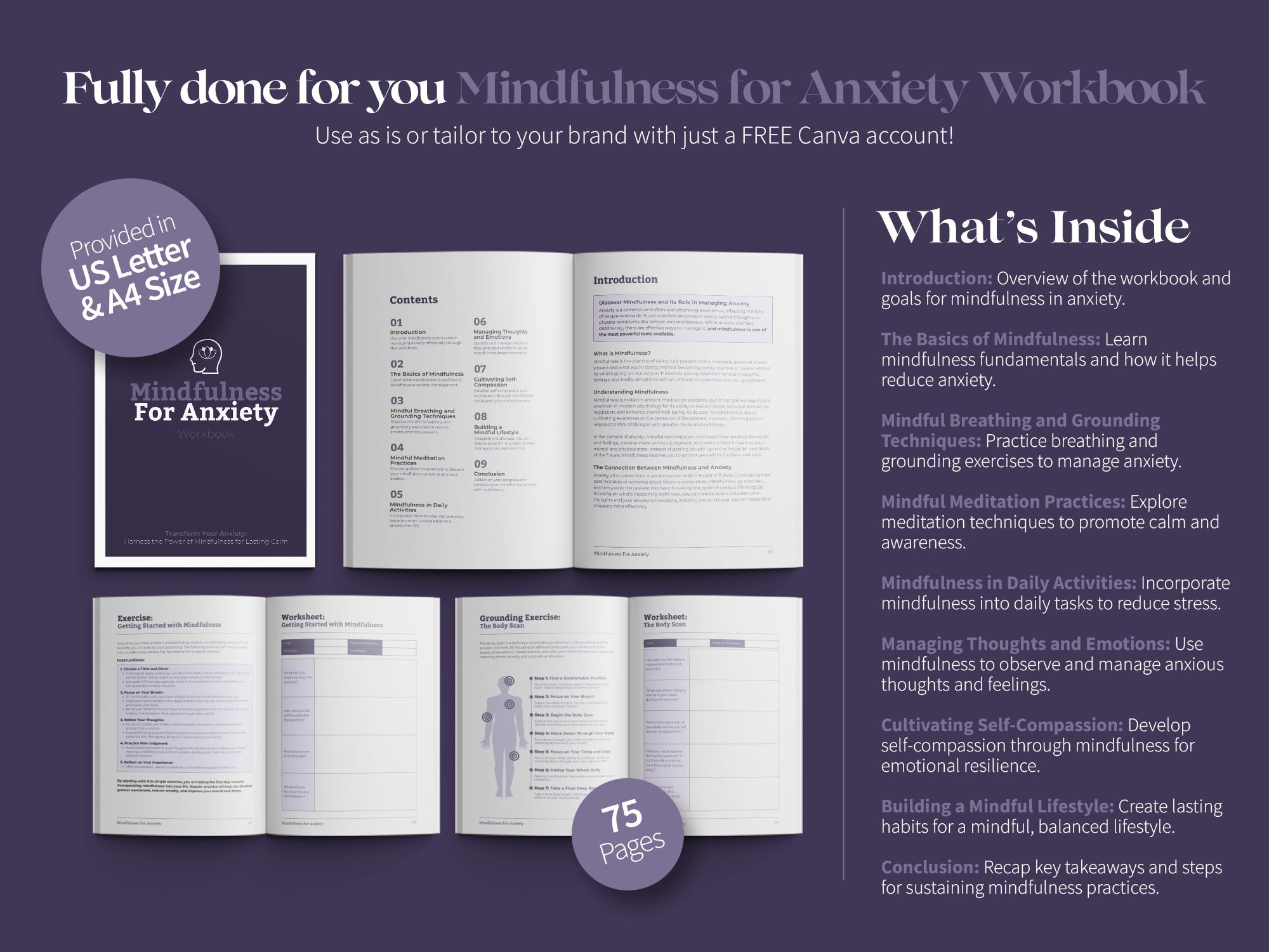 Mindfulness for Anxiety Workbook, Therapy Tools and Exercises (canva ...