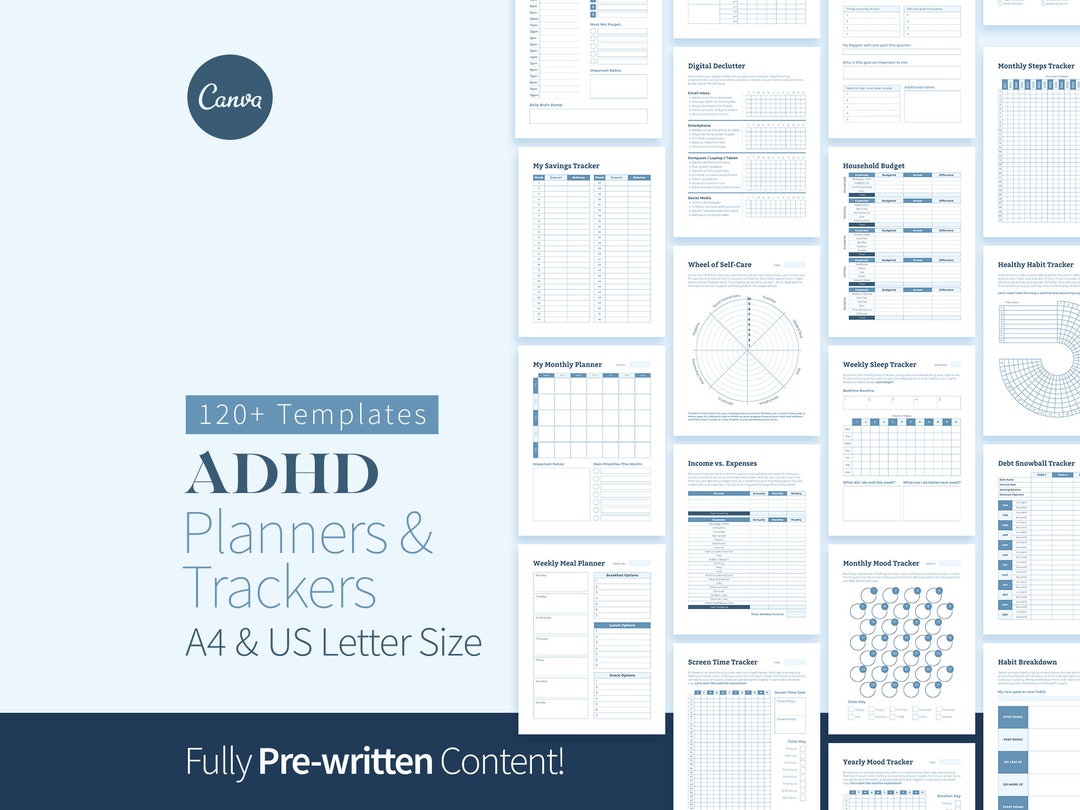 ADHD Adult Printable Planners and Trackers, Editable Canva Coaching ...