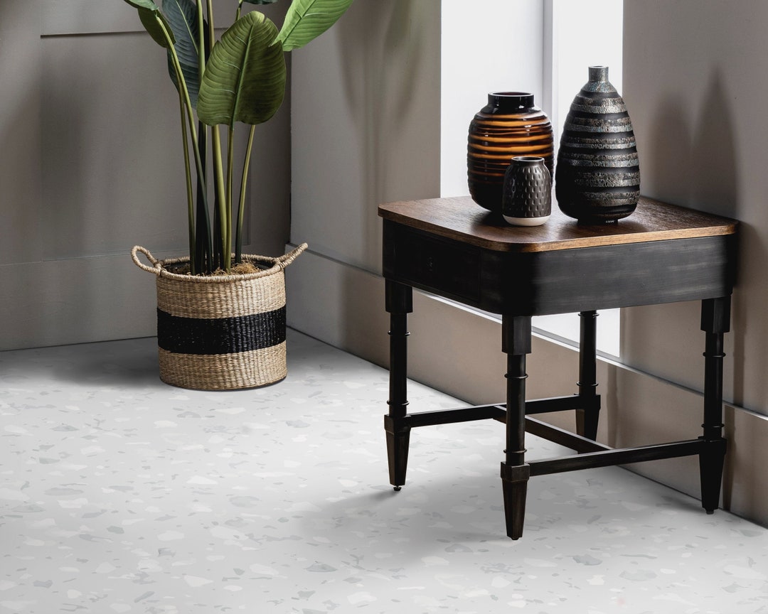 Light Terrazzo Boho Pattern Vinyl Flooring, Gray Art Floor, White Baby ...