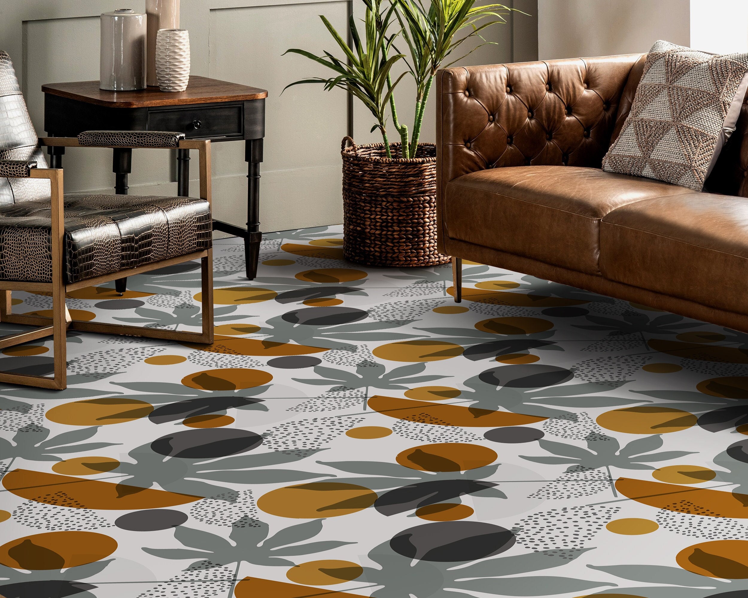 Flat Art Boho Style Vinyl Flooring, White Art Floor, Gray Gift for Her ...