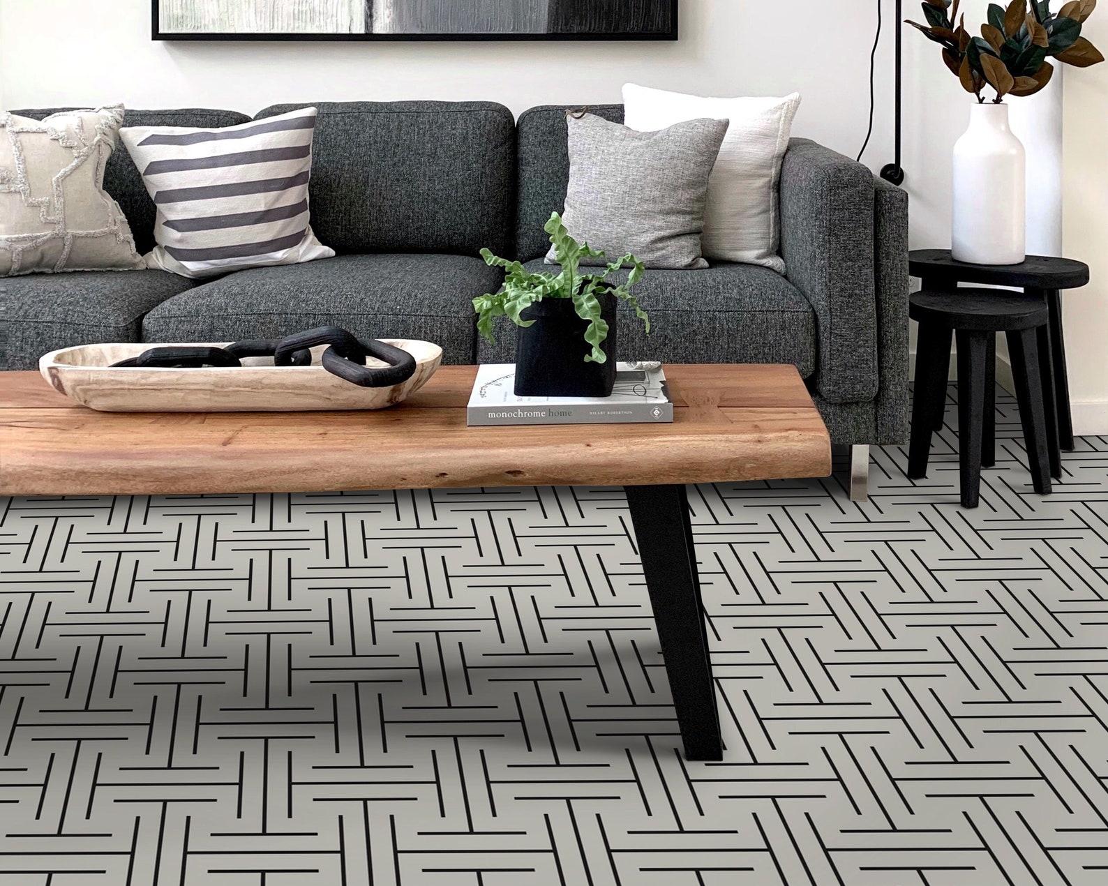 Hatch Minimal Pattern Vinyl Flooring, White Linoleum in Roll, Black ...